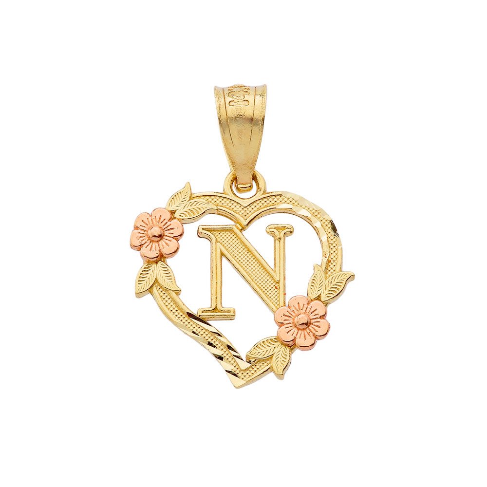 14k Beautiful Two-Tone Initial Heart Pendant for Women in Yellow and Rose Gold - Letter N