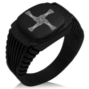 black ip plated stainless steel celtic saint brigid cross engraved black cubic zirconia ribbed needle stripe pattern biker style polished ring, size 9