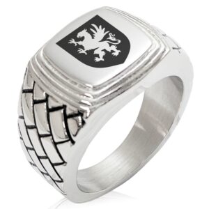 two-tone stainless steel griffin valor coat of arms shield engraved geometric pattern step-down biker style polished ring, size 8