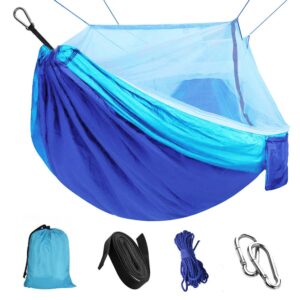 single & double camping hammock with mosquito/bug net, outdoor portable parachute nylon hammock with tree straps, lightweight backyard hammock survival travel bed 110" l x 59" w (blue/sky blue)