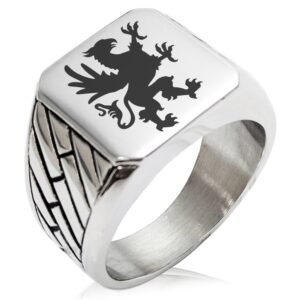 two-tone stainless steel grandiose griffin engraved geometric pattern biker style polished ring, size 11