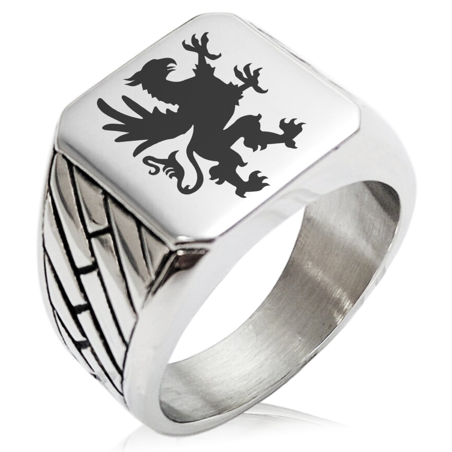 Two-Tone Stainless Steel Grandiose Griffin Engraved Geometric Pattern Biker Style Polished Ring, Size 11