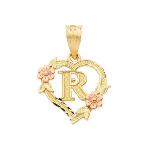 10k beautiful two-tone initial heart pendant for women in yellow and rose gold - letter r