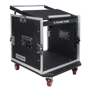 sound town enhanced 1/2" (12mm) plywood 10u pa dj pro audio rack/road ata case with 11u slant mixer top, 20’’ rackable depth and casters, 10 space size, pro tour grade (stmr-10uw)