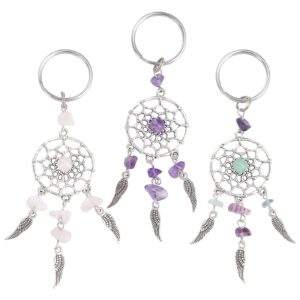 ph pandahall 12pcs dream catcher keychain, 3 color gemstone crystal key chains natural chip feather key chain dreamcatcher keyring boho lucky decor for easter car bag home hanging ornaments pendant