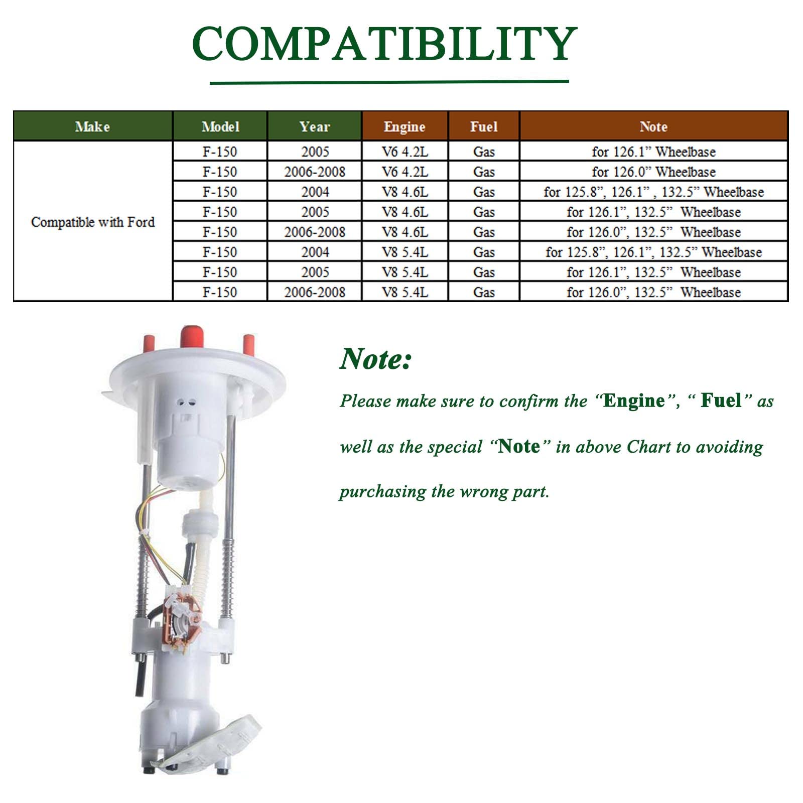 Electric Fuel Pump Assembly for Ford F-150 2004-2008 (with 126 or 132.5 inches Wheelbase)