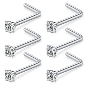 briana williams nose rings studs-20g 2mm clear round diamond cz surgical steel nose stud rings l shaped piercing jewelry 6pcs