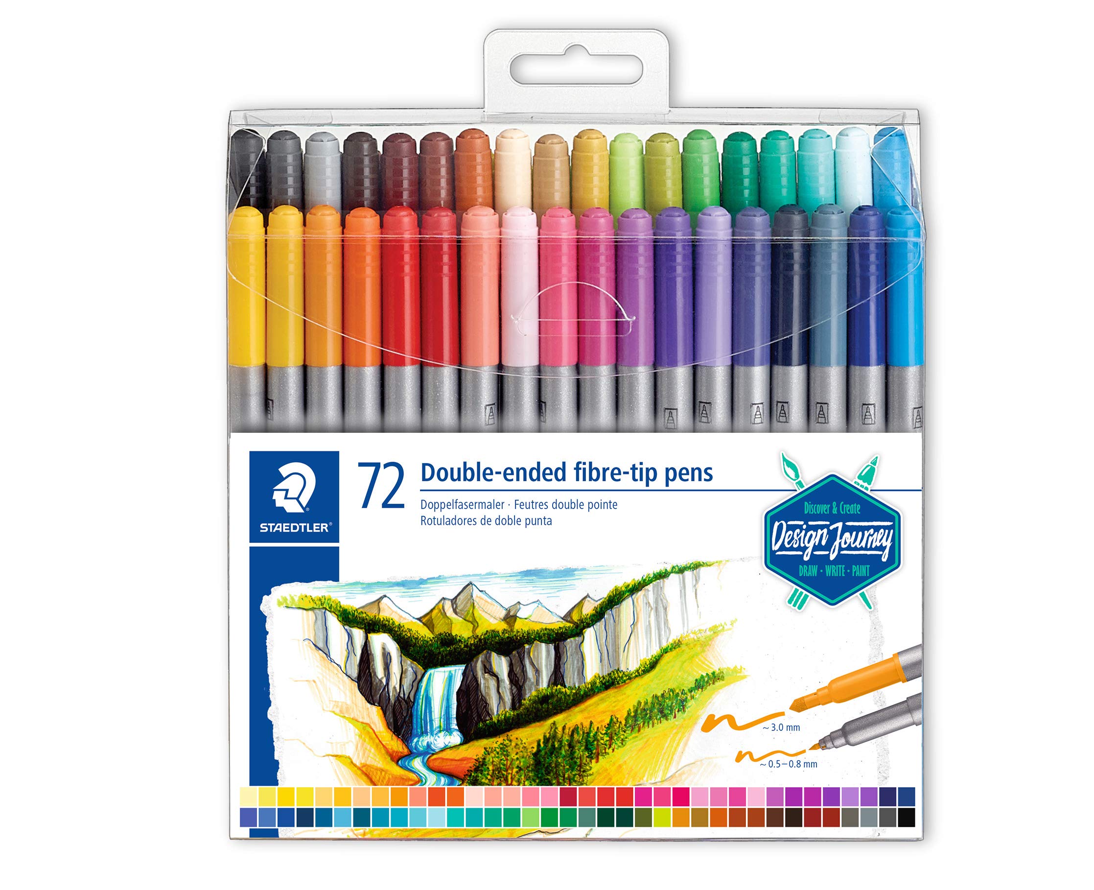 STAEDTLER 3200 TB72 Design Journey Double-Ended Fibre-Tip Pens with Two Nibs - Narrow and Wide, Pack of 72