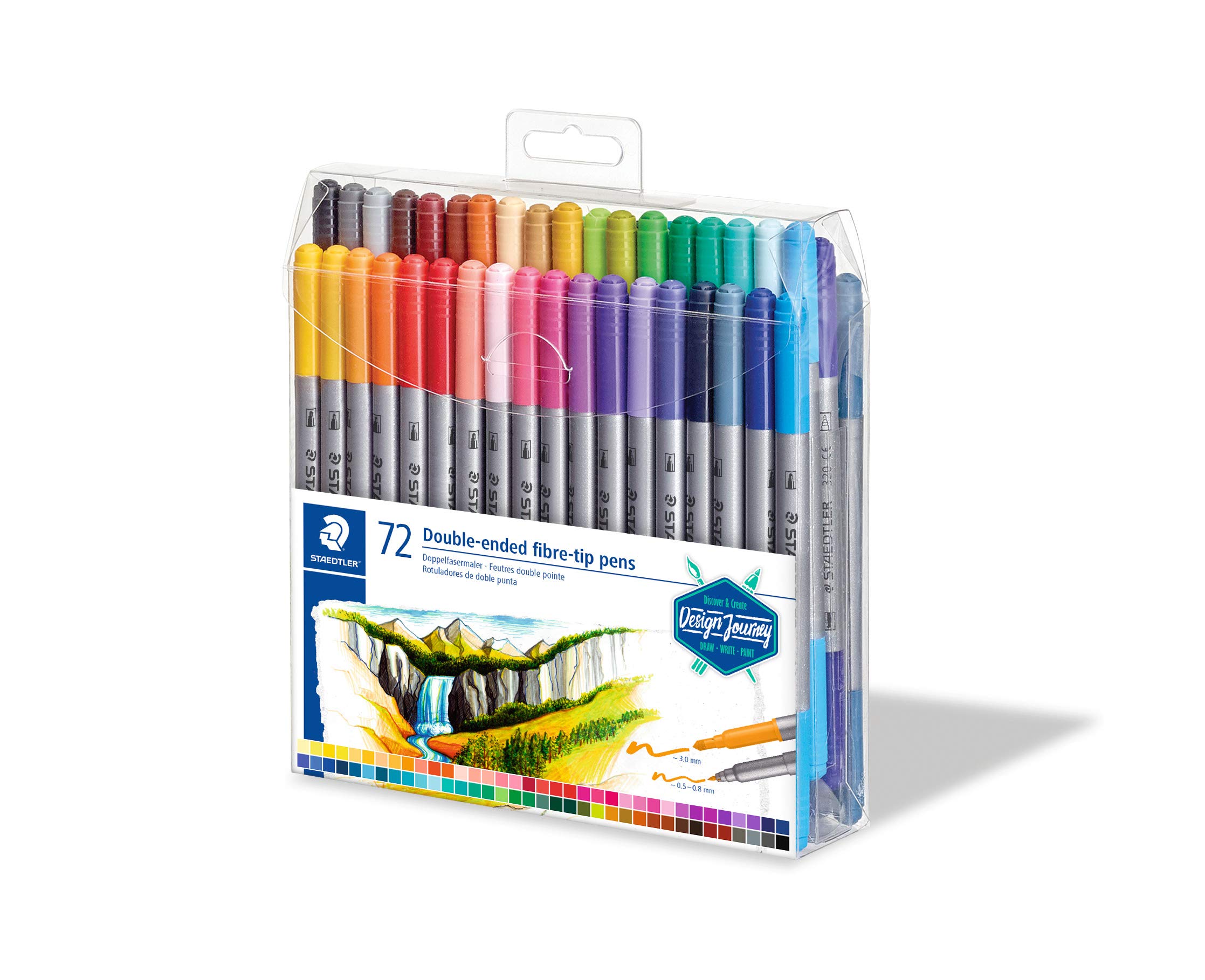 STAEDTLER 3200 TB72 Design Journey Double-Ended Fibre-Tip Pens with Two Nibs - Narrow and Wide, Pack of 72