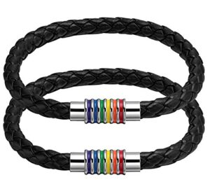 nanafast stainless steel rainbow lesbian lgbt pride braided bracelet leather lgbtq pride bracelets wristband weave plaited jewelry 2 pack 7.48 inches (lesbian/female)