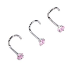 upstore 1set/3pcs(round+heart+star) 20 gauge/0.8mm curved nose rings stainless steel nose studs cubic zirconia screw piercing tool body jewelry for women lady girls(pink)