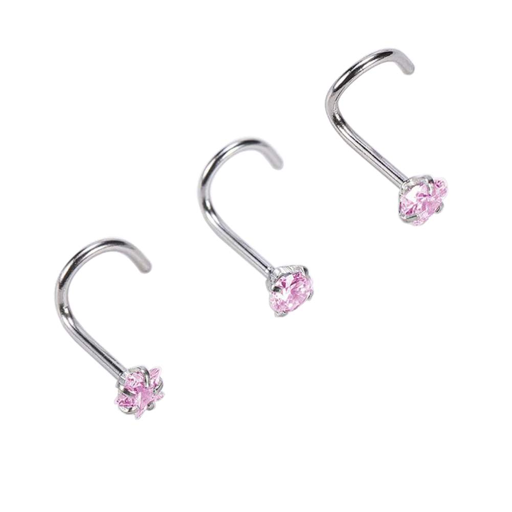 UPSTORE 1SET/3PCS(Round+Heart+Star) 20 Gauge/0.8mm Curved Nose Rings Stainless Steel Nose Studs Cubic Zirconia Screw Piercing Tool Body Jewelry for Women Lady Girls(Pink)