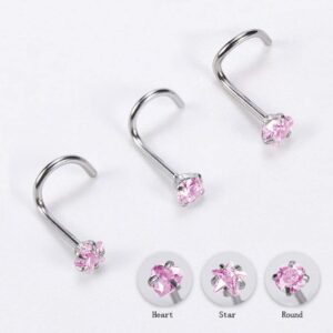 UPSTORE 1SET/3PCS(Round+Heart+Star) 20 Gauge/0.8mm Curved Nose Rings Stainless Steel Nose Studs Cubic Zirconia Screw Piercing Tool Body Jewelry for Women Lady Girls(Pink)