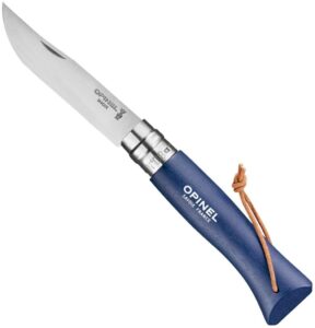 opinel colorama series no. 8 - stainless steel everyday carry folding pocket knife with leather strap, painted hornbeam handles, deep blue