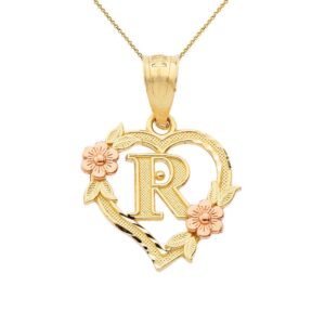 10k two-tone initial heart pendant necklace for women in yellow and rose gold - letter r, 20"