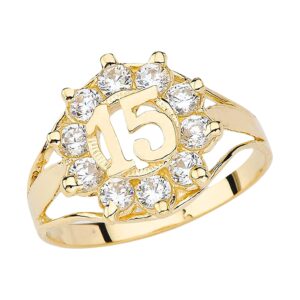 10k yellow gold round cubic zirconia openword quinceanera "15" fashion ring - size 4