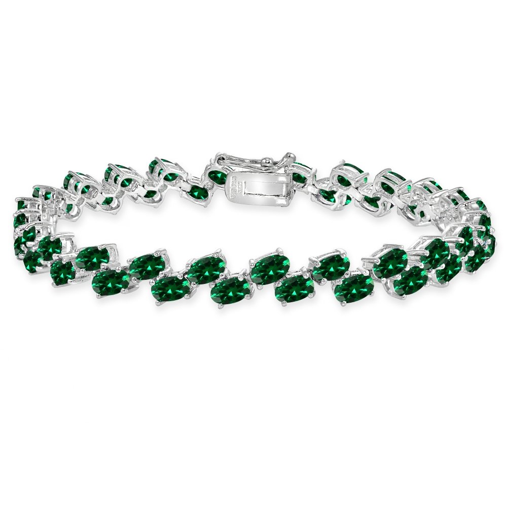 B. BRILLIANT Sterling Silver Simulated Emerald 5x3mm Oval Wave Tennis Bracelet