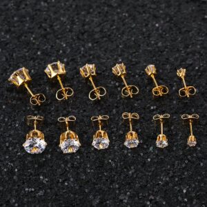 MDFUN 14K Yellow Gold Plated Round Clear Cubic Zirconia Stud Earring Pack of 6 Pairs (6 Pairs)