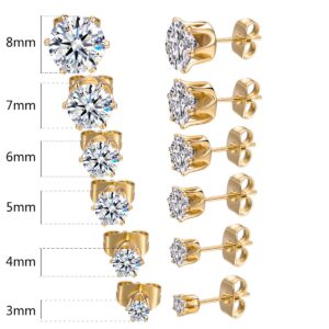 MDFUN 14K Yellow Gold Plated Round Clear Cubic Zirconia Stud Earring Pack of 6 Pairs (6 Pairs)