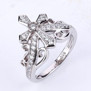 JO WISDOM 925 Sterling Silver Cubic Zirconia Cross Crown Women Ring with White Gold Plated Size 10