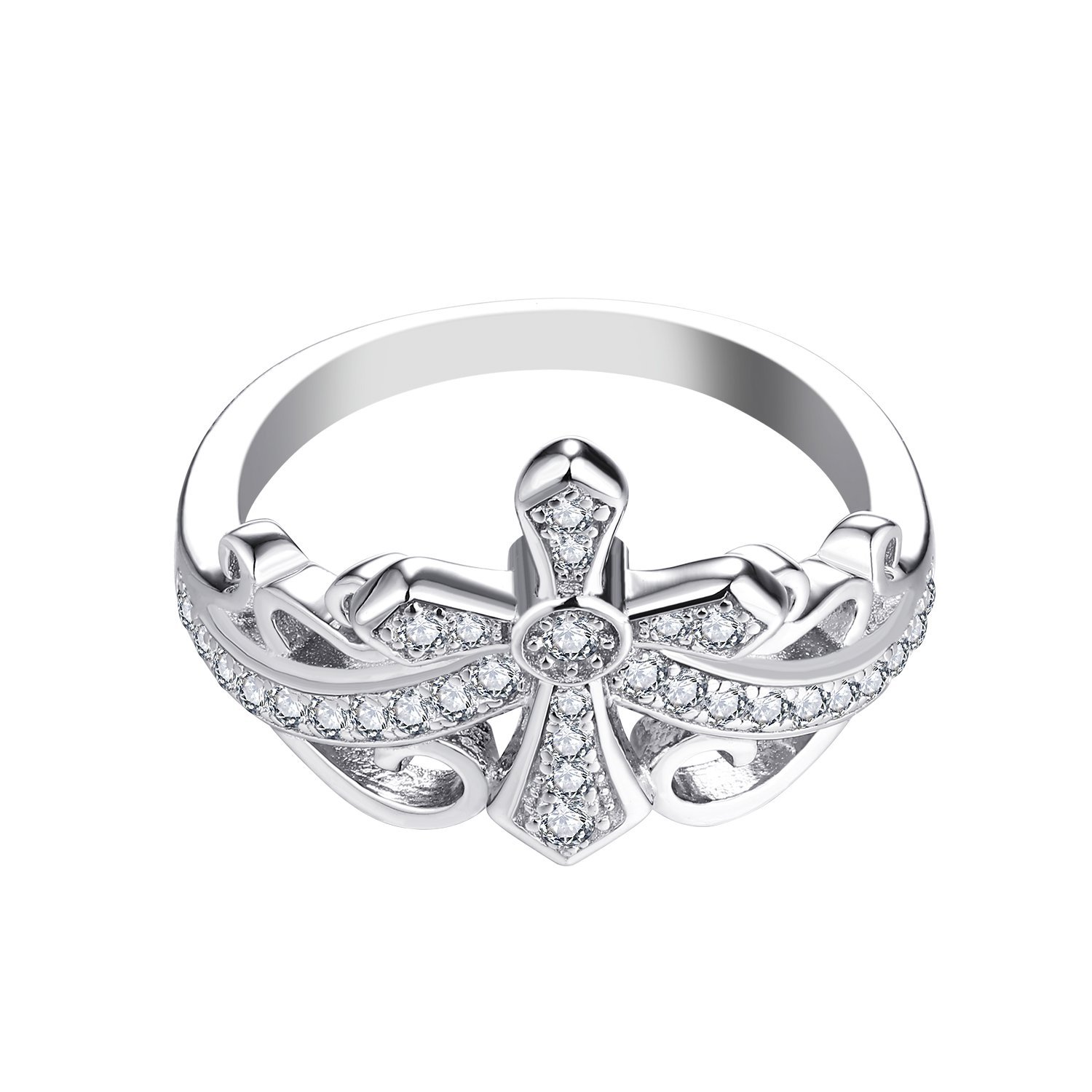 JO WISDOM 925 Sterling Silver Cubic Zirconia Cross Crown Women Ring with White Gold Plated Size 10