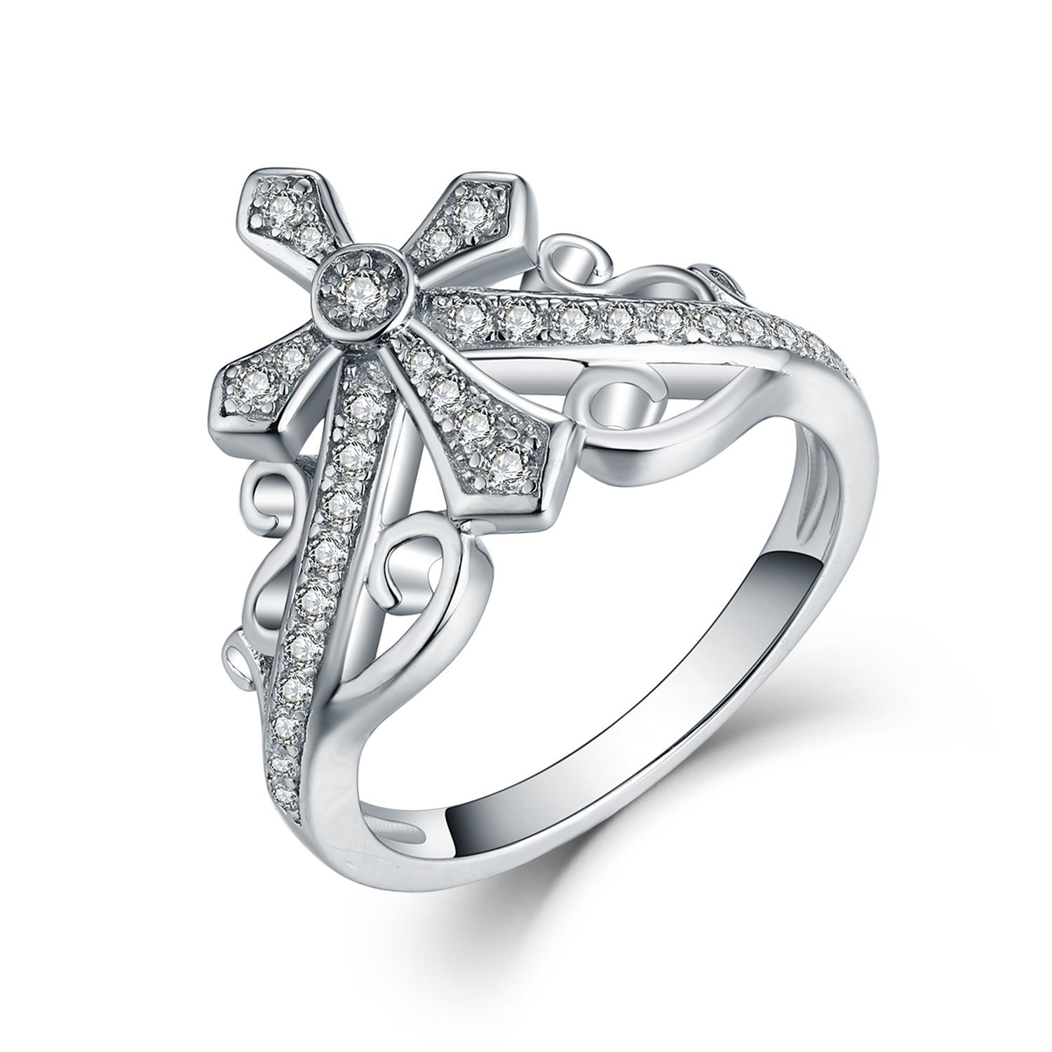 JO WISDOM 925 Sterling Silver Cubic Zirconia Cross Crown Women Ring with White Gold Plated Size 10