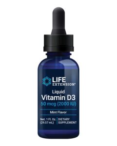 life extension liquid vitamin d3 (mint) – bone, brain and immune support in liquid form – non-gmo – gluten-free – 50 mcg (2000 iu)— 1 fl. oz (29.57 ml)