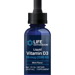 Life Extension Liquid Vitamin D3 (Mint) – Bone, Brain and Immune Support in Liquid Form – Non-GMO – Gluten-Free – 50 mcg (2000 IU)— 1 fl. oz (29.57 ml)