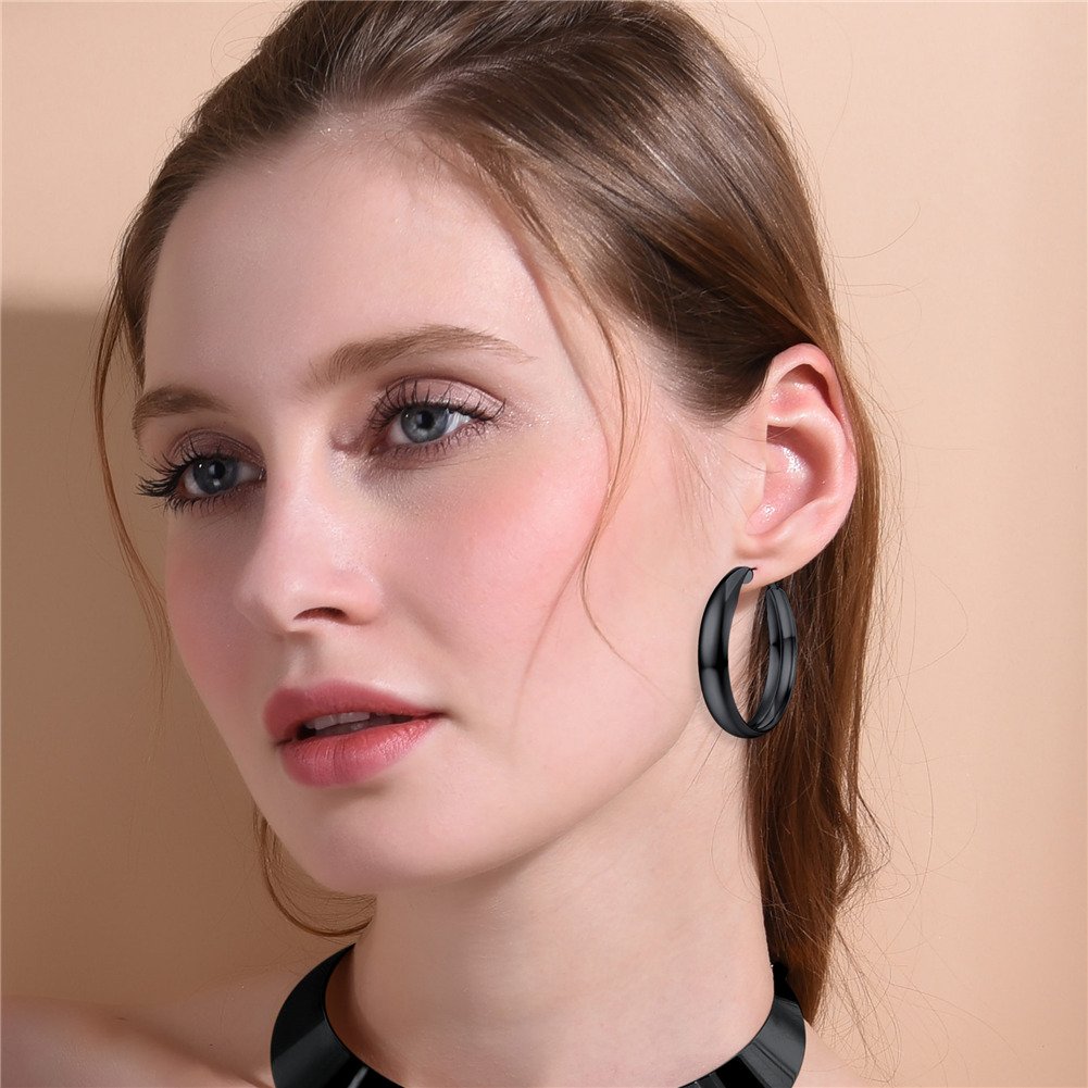 U7 Black Hoop Earrings 40mm Click-top European Style Chic Stainless Steel Loop Earrings|Womens Chunky Hoops with Sterling Silver Post