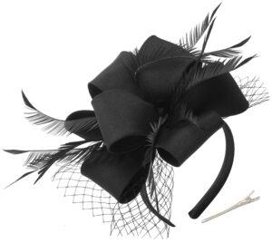 myjoyday women's fascinators hat for tea party church cocktail, feathers veil headband with hair clip (black)