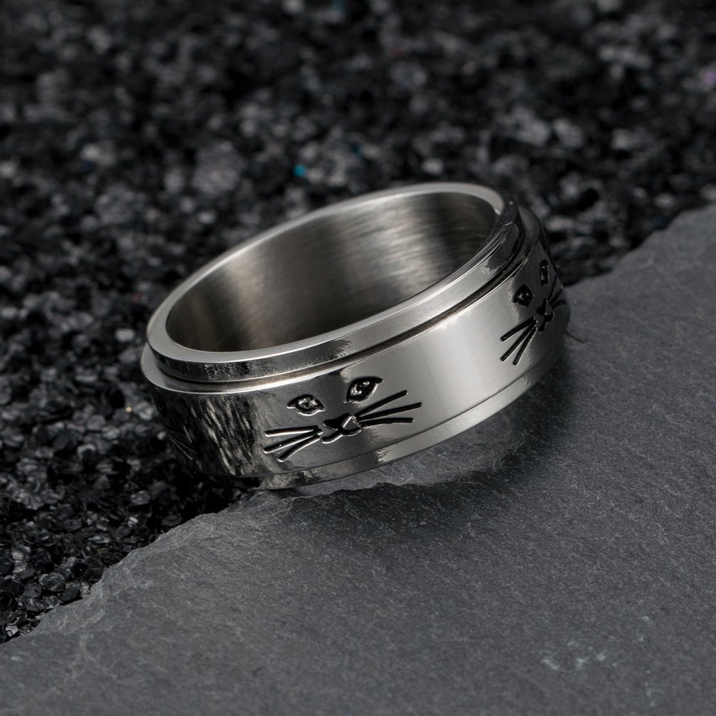 INRENG 8MM Fashion Stainless Steel Cute Kitty Spinner Ring for Men Women Silver Promise Rings Band Cat Face Engraved Size 8