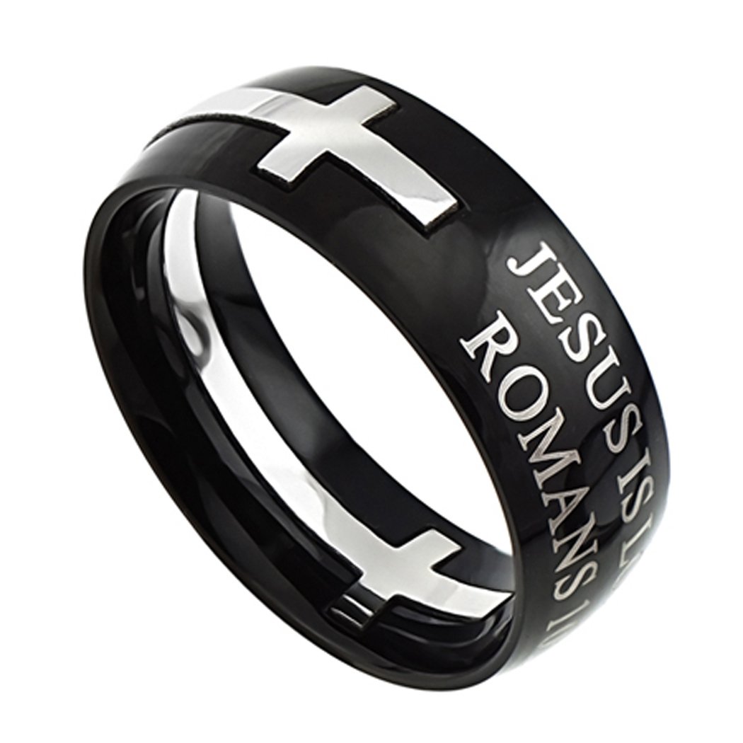 K39 JESUS IS LORD Romans 10:9 Wedding Band Christian Scripture Engagement Ring (10)