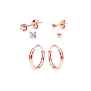 three pairs sterling silver 10mm endless hoops 3mm round cz & 3mm ball stud unisex cartilage earrings set rose gold flashed