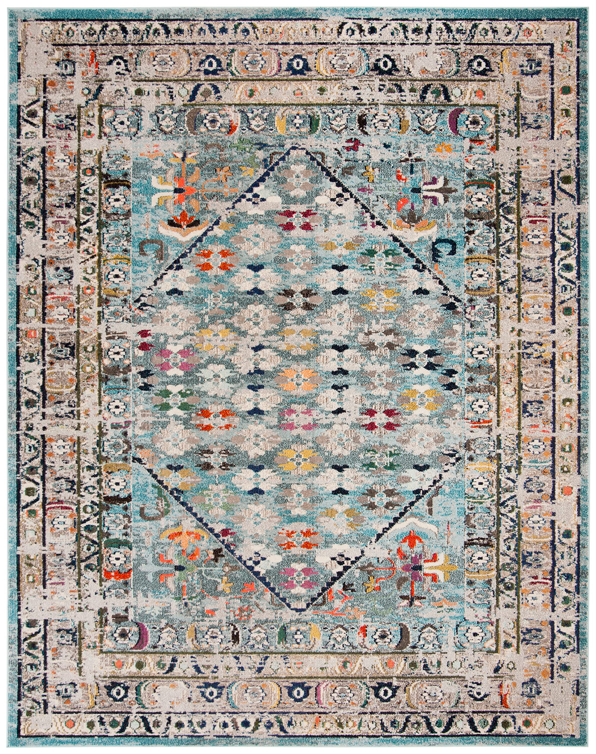 SAFAVIEH Monaco Collection 9' x 12' BlueLight Grey MNC255M Boho Chic Oriental Distressed Non-Shedding Living Room Bedroom Dining Home Office Area Rug