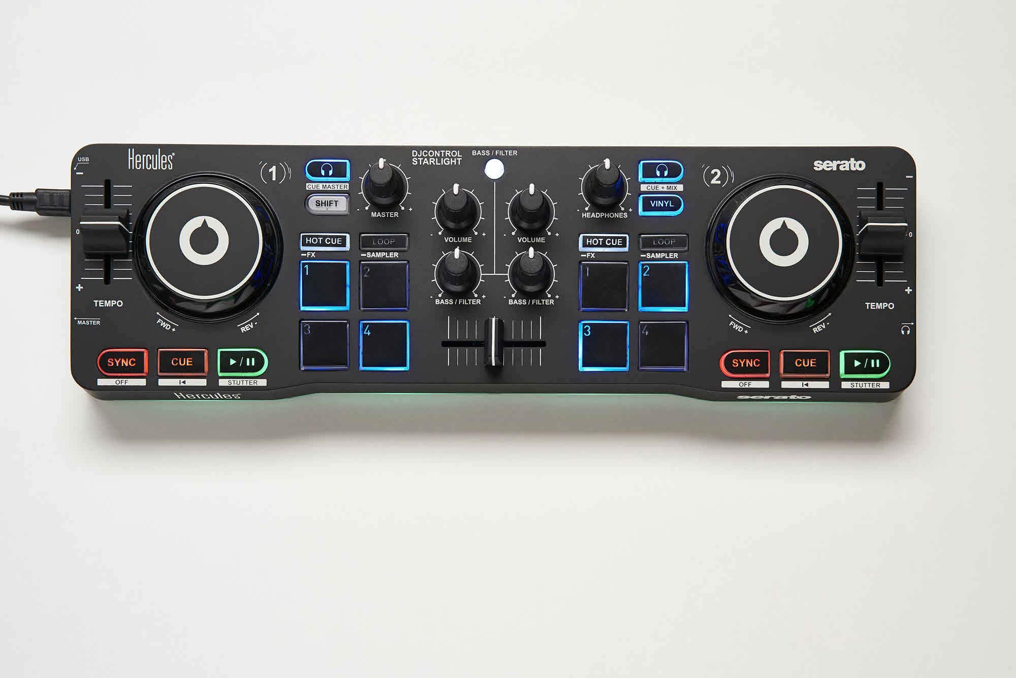 Hercules DJ DJControl Starlight | Pocket USB DJ Controller with Serato DJ Lite, Touch-Sensitive Jog Wheels, Built-in Sound Card and Built-in Light Show