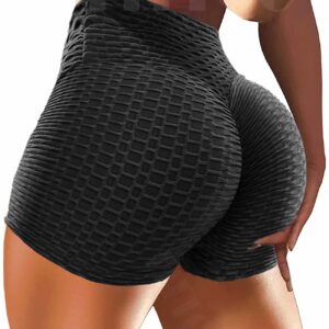 COLO Womens High Waisted Shorts Workout Yoga Tummy Control Ruched Butt Fitness Shorts Sport Workout Running Shorts Bottom Peach Black(M)