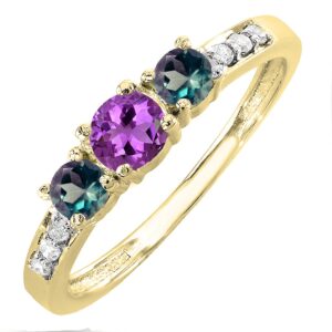 dazzlingrock collection round amethyst & lab created alexandrite with white diamond three stone engagement ring for her in 14k yellow gold size 7.5