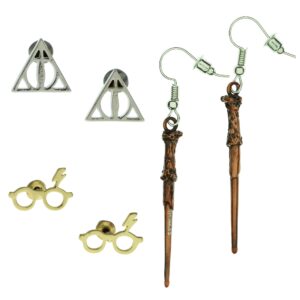 harry potter earrings for women 3 pack deathly hallows, lightning scar, harry potter wand