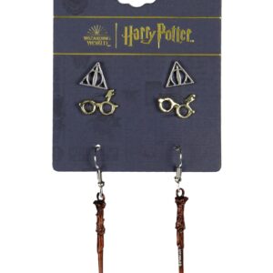 Harry Potter Earrings For Women 3 Pack Deathly Hallows, Lightning Scar, Harry Potter Wand