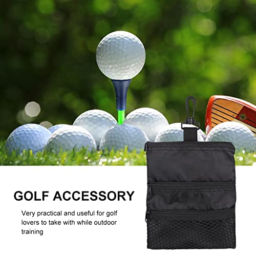 Tee Pouch, Black Multi-Pocket Zipper Ball Tee Handbag Portable Ball Accessories Pouch with Clip