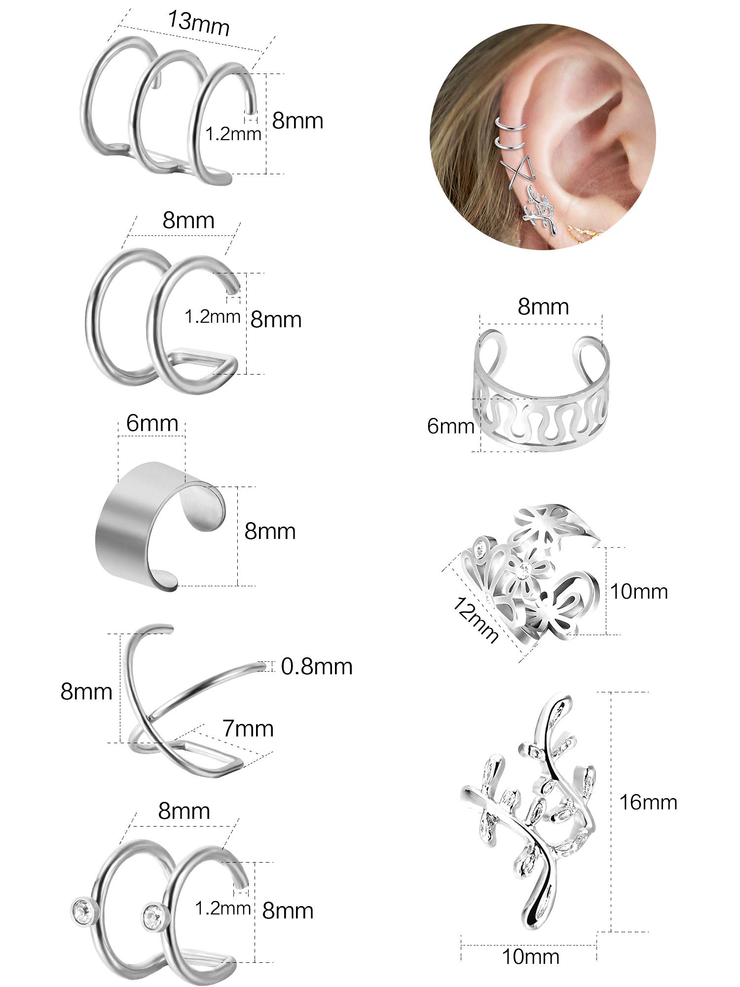 Blulu 8 Pairs Ear Cuffs Earrings Cuff Non Piercing Stainless Steel Clip on Cartilage Earrings for Men Women, 8 Various Styles