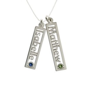 aj's collection personalized rectangle double open name sterling silver necklace with birthstone setting. customize a name charm. sterling silver cable chain. gift for her and all occasions