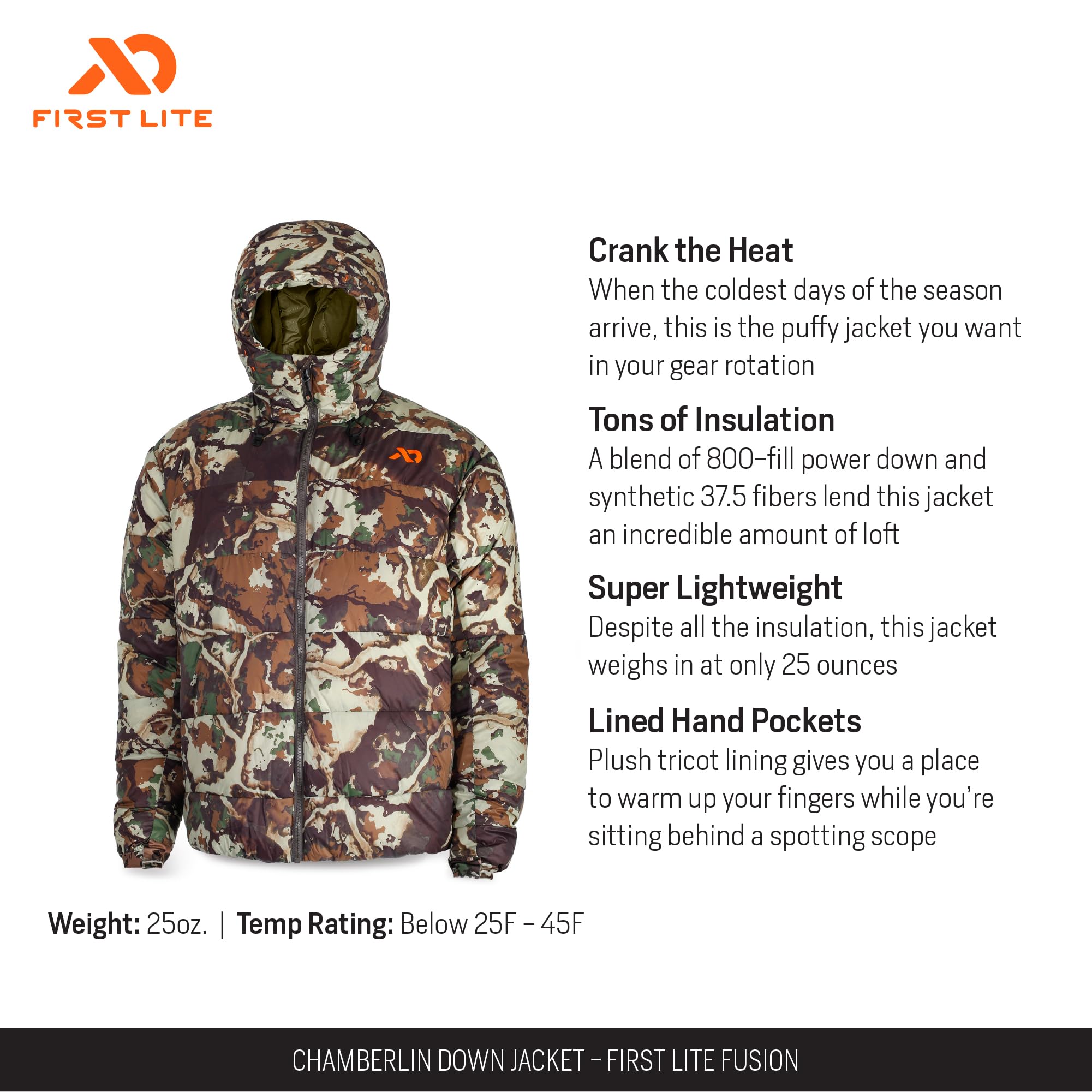 First Lite Men's Chamberlin Down Jacket - Warm Down Insulated Camo Hunting Puffy - First Lite Fusion - Large