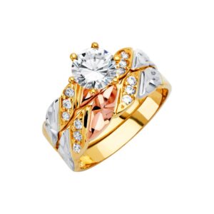 wellingsale ladies solid 14k 3 tri color white yellow and rose/pink gold polished cz cubic zirconia engagement ring + wedding band bridal set - size 8