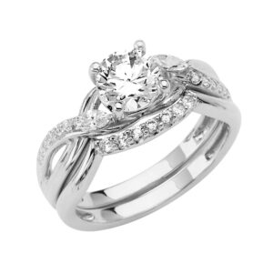 wellingsale ladies solid 14k white gold polished cz cubic zirconia engagement ring + wedding band bridal set - size 8