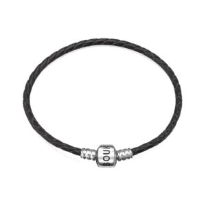 soukiss genuine black leather woven bracelet with 925 sterling silver barrel snap clasp bead bracelet for charms (21 cm-8.3 inches)