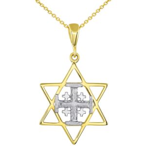 solid 14k two tone gold star of david and jerusalem cross pendant necklace, 16"