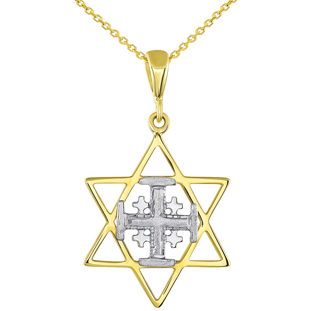 Solid 14K Two Tone Gold Star of David and Jerusalem Cross Pendant Necklace, 16"