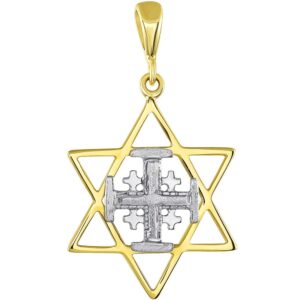 Solid 14K Two Tone Gold Star of David and Jerusalem Cross Pendant Necklace, 16"