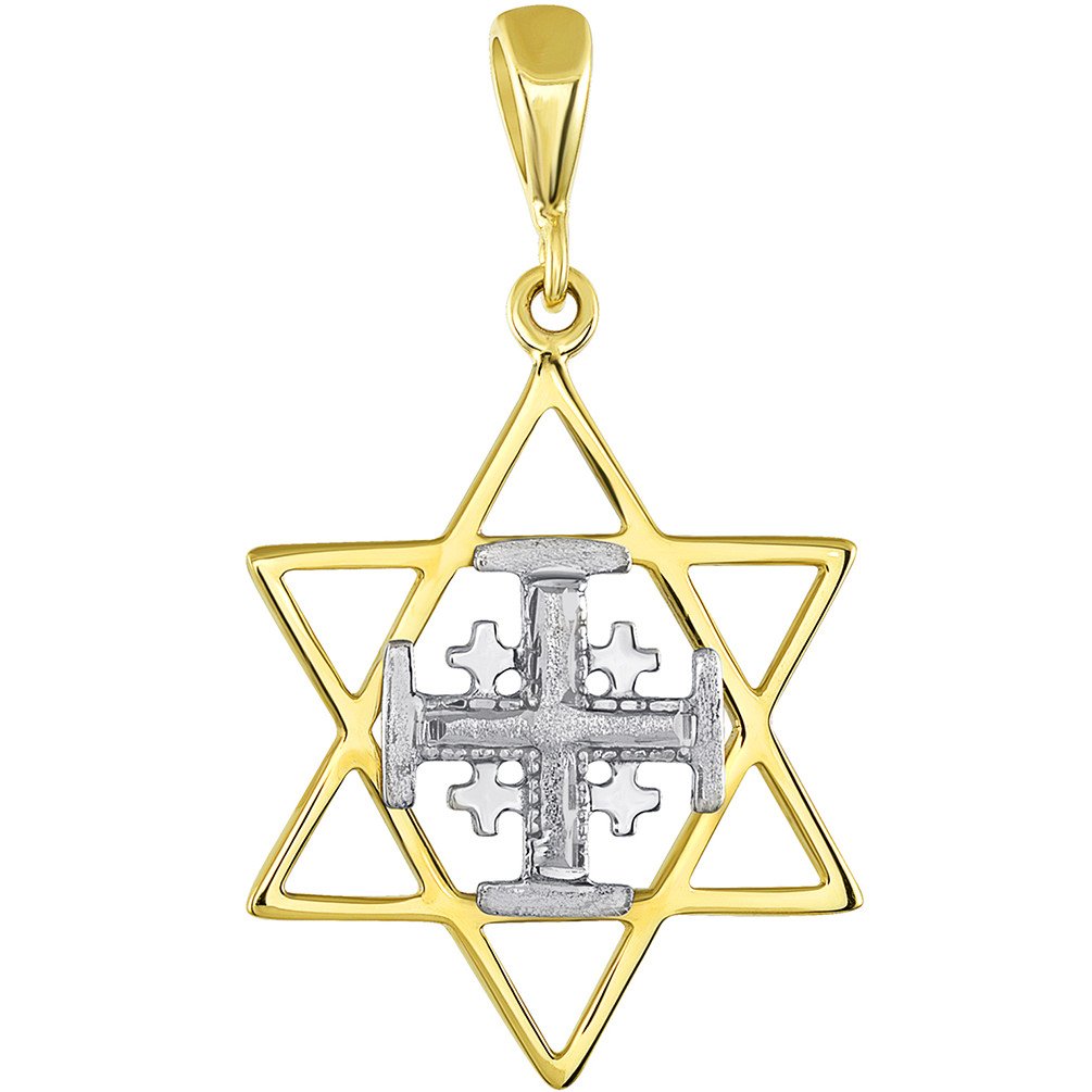 Solid 14K Two Tone Gold Star of David and Jerusalem Cross Pendant Necklace, 16"